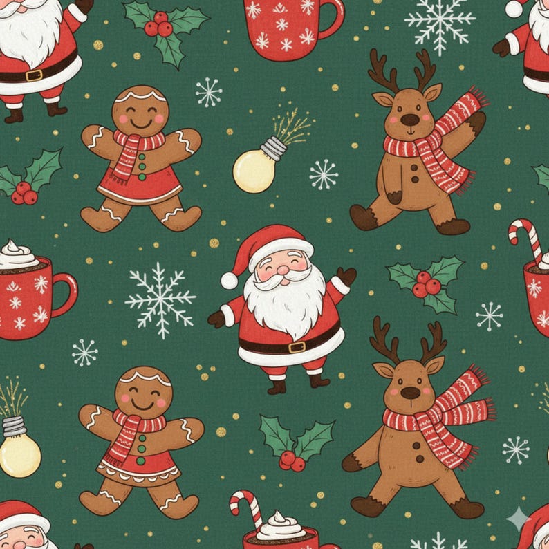 Santa, Gingerbread, Reindeer Christmas Paper | Holiday Pattern (digital ...