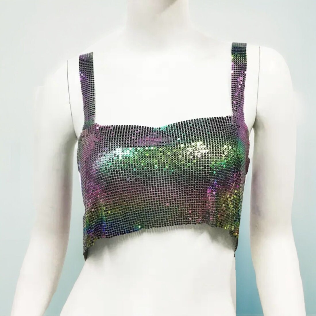 Holographic Chainmail Crop Top Metallic Festival Wear, Clubwear, Party ...