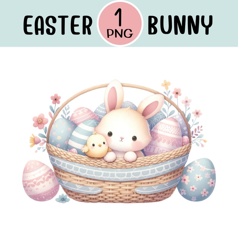 Easter Bunny in Egg Basket Clipart Watercolor Pastel Cute Rabbit, PNG ...