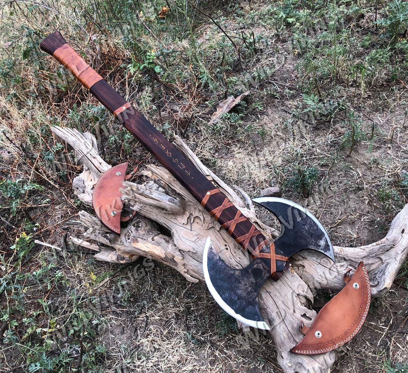 Two-handed Battle Axe With a Forged Double Head, Viking Long Axe ...