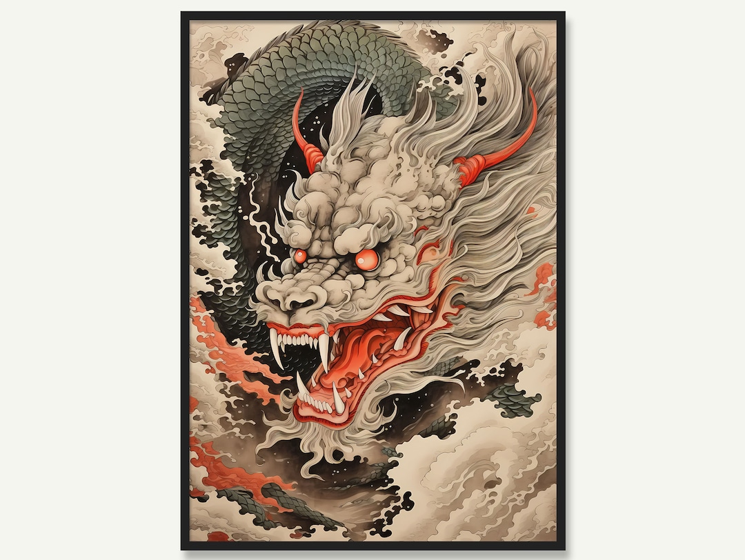 Vintage Japanese Dragon Poster Retro Printable Woodcut Dragon Print ...