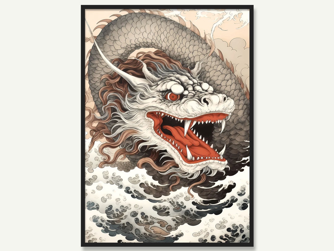 Vintage Japanese Dragon Poster Retro Printable Woodcut Dragon Print ...