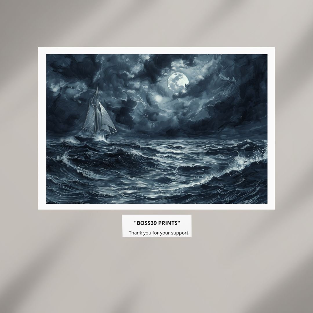 Moonlit Sail Nautical Ocean Art Gothic Seascape Print Midnight Voyage ...