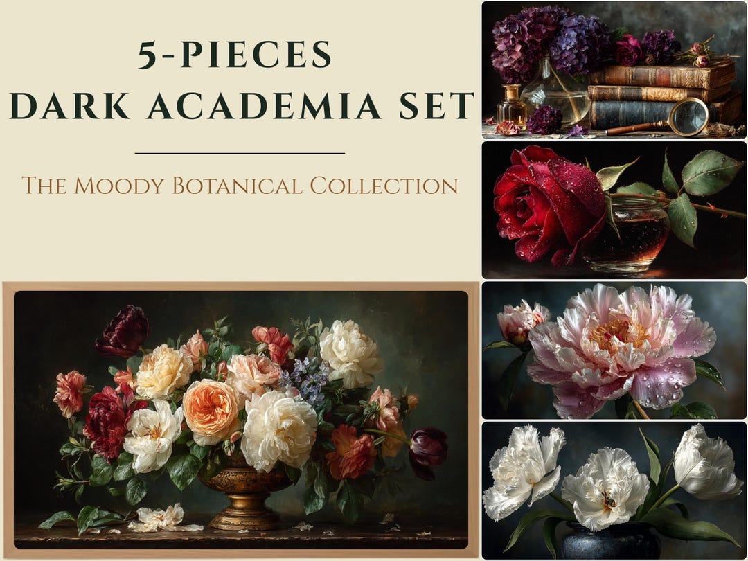Dark Academia Frame TV Art Set, 5 Moody Floral Oil Paintings (digital ...