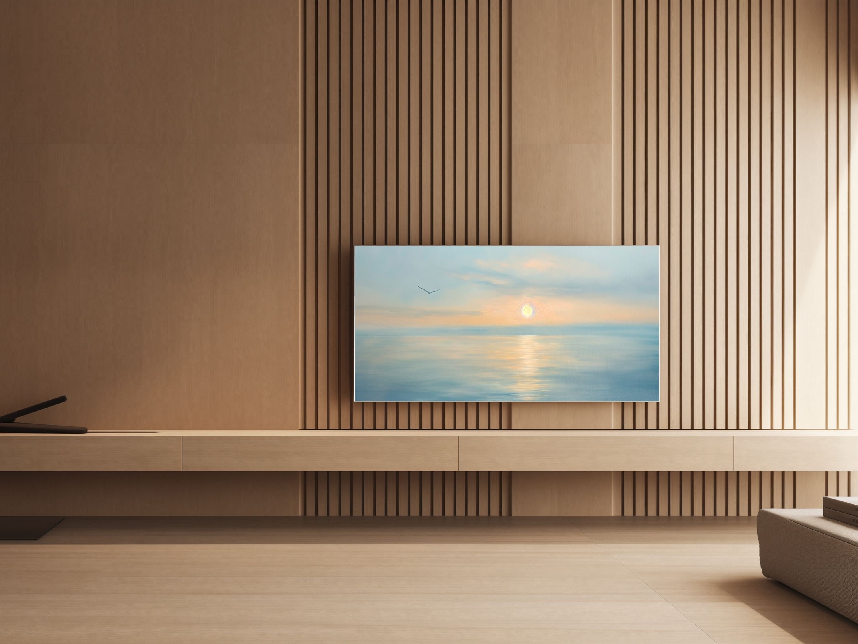 Calm Sea at Dawn, Soft Pastel Sky, Ocean Beach Frame TV Art , Oil ...
