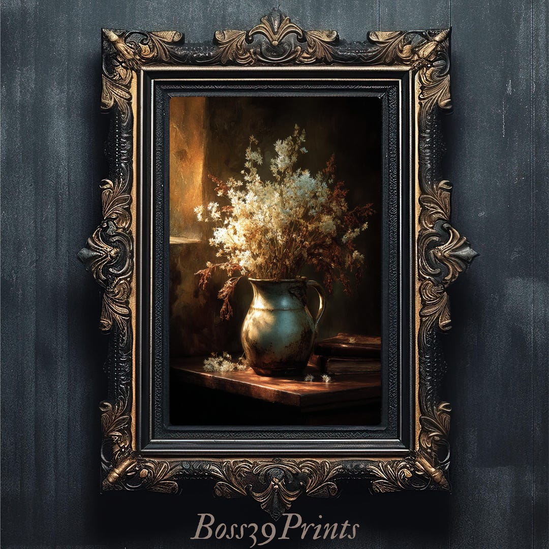 Moody Dried Flower Art | Chiaroscuro Still Life | Vintage Oil Painting ...