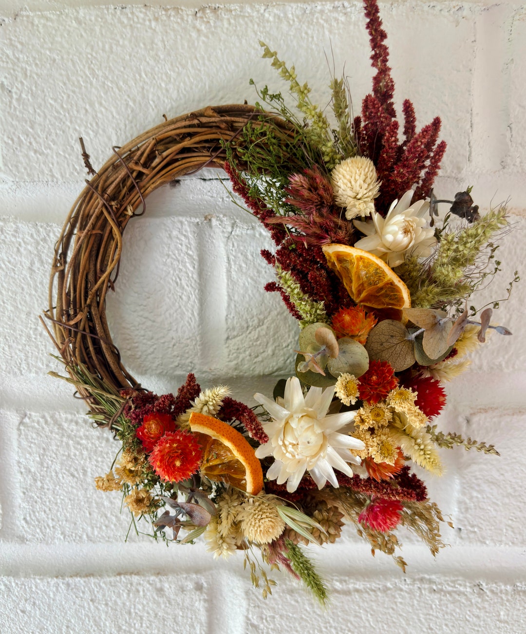 6 Fall Dried Flower Wreath With Dried Oranges, Strawflowers, Amaranth ...