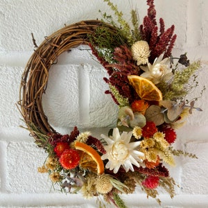 6 Fall Dried Flower Wreath With Dried Oranges, Strawflowers, Amaranth ...