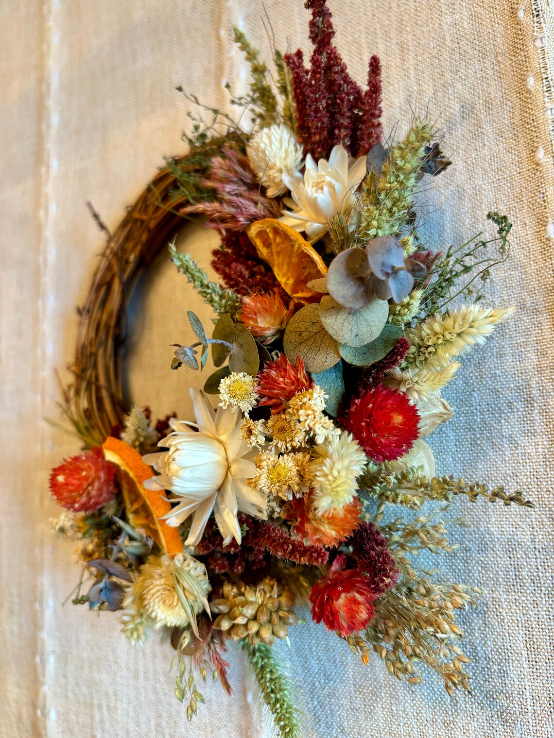 6 Fall Dried Flower Wreath With Dried Oranges, Strawflowers, Amaranth ...