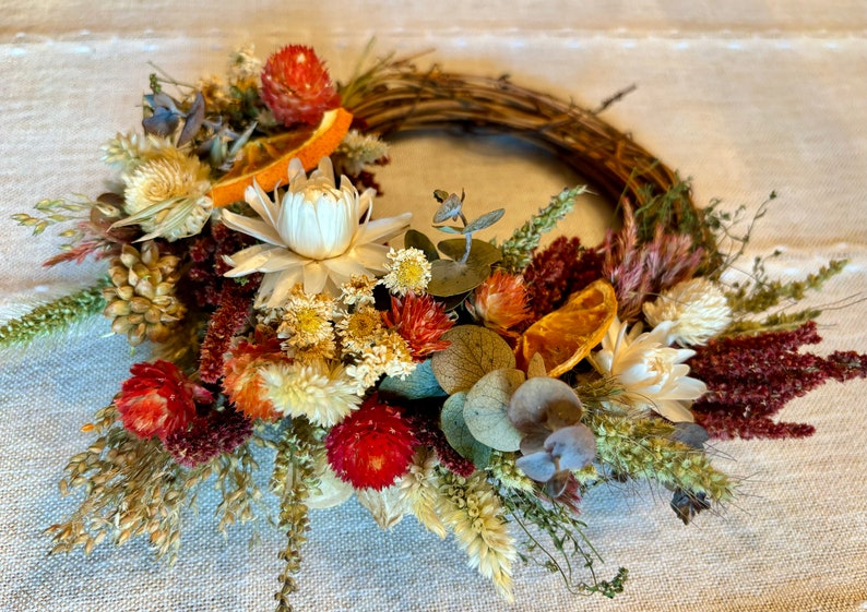 6 Fall Dried Flower Wreath With Dried Oranges, Strawflowers, Amaranth ...