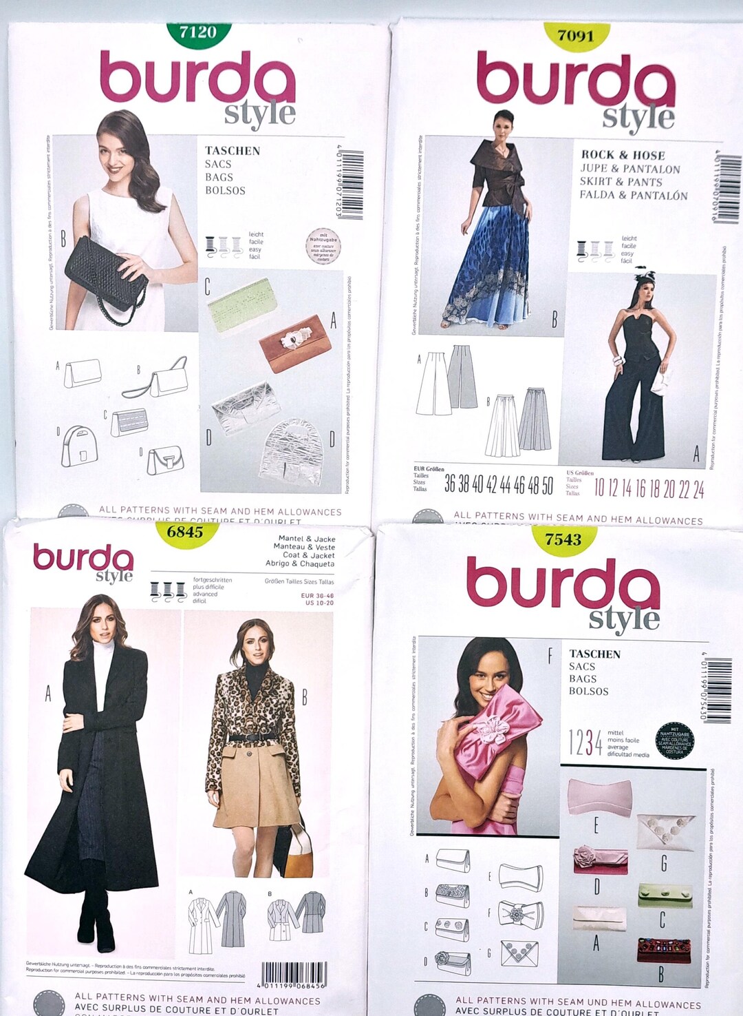 Lot of 4 of Burda Style Sewing Patterns 6845 7091 7120 7543 - Etsy