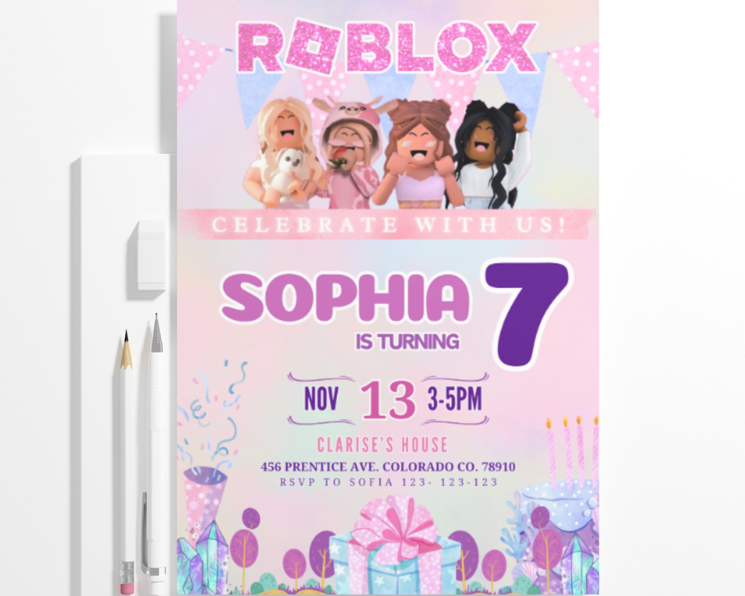 Pink Roblox Birthday Invitation, Roblox Birthday Invitations, Video Game Party Invite, Printable ...