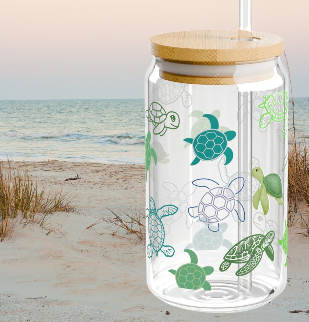 Sea Turtle Sipper Glass, Sea Turtle Glassware, Save the Ocean, Sea ...
