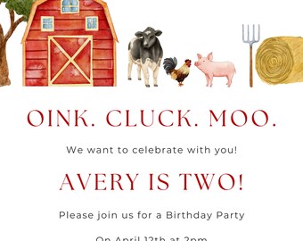 Oink Cluck Moo, I'm Turning Two, Second Birthday Invitation, Farm ...