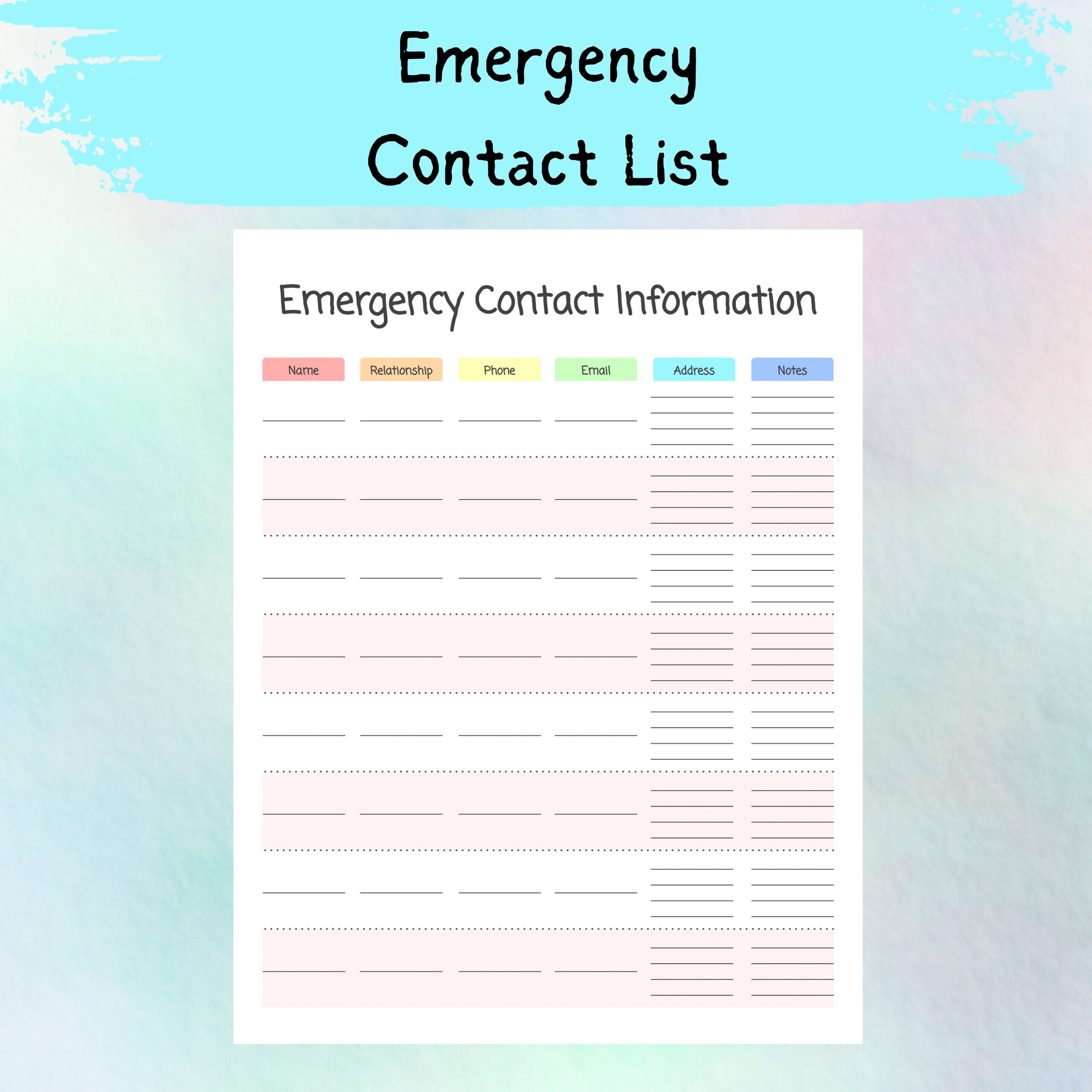 Emergency Contact List - 6 Colors for Easy Organization - Etsy