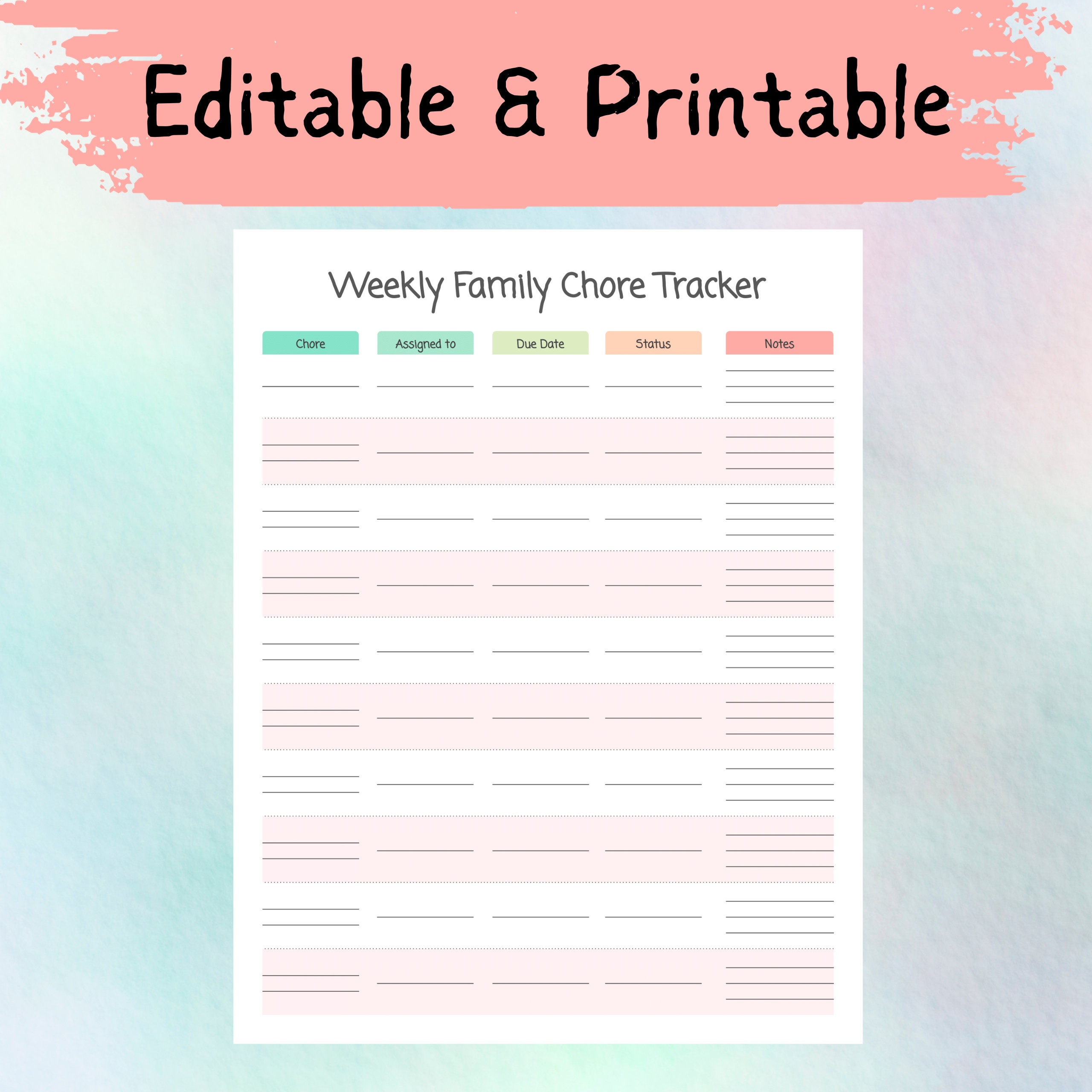 Family Chore Chart: Printable, Editable, and Colorful Task Tracker for ...