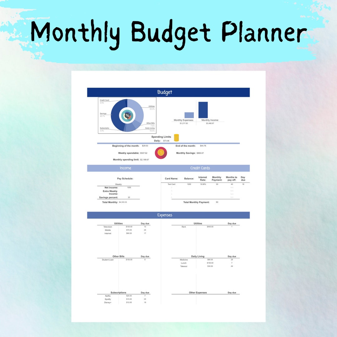 Monthly Budget Planner - Editable in Excel & Google Sheets, 6 Colors - Etsy