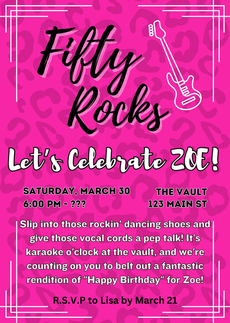 50th Birthday, Fifty Rocks, Ladies Fifty Party, Rock-n-roll, 50th Print ...