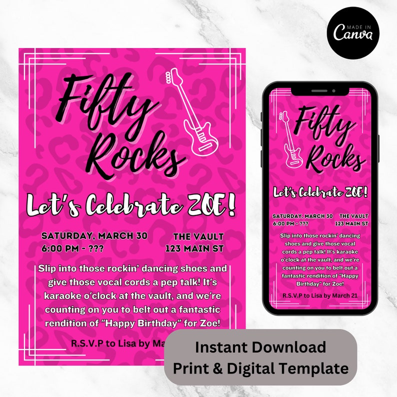 50th Birthday, Fifty Rocks, Ladies Fifty Party, Rock-n-roll, 50th Print ...