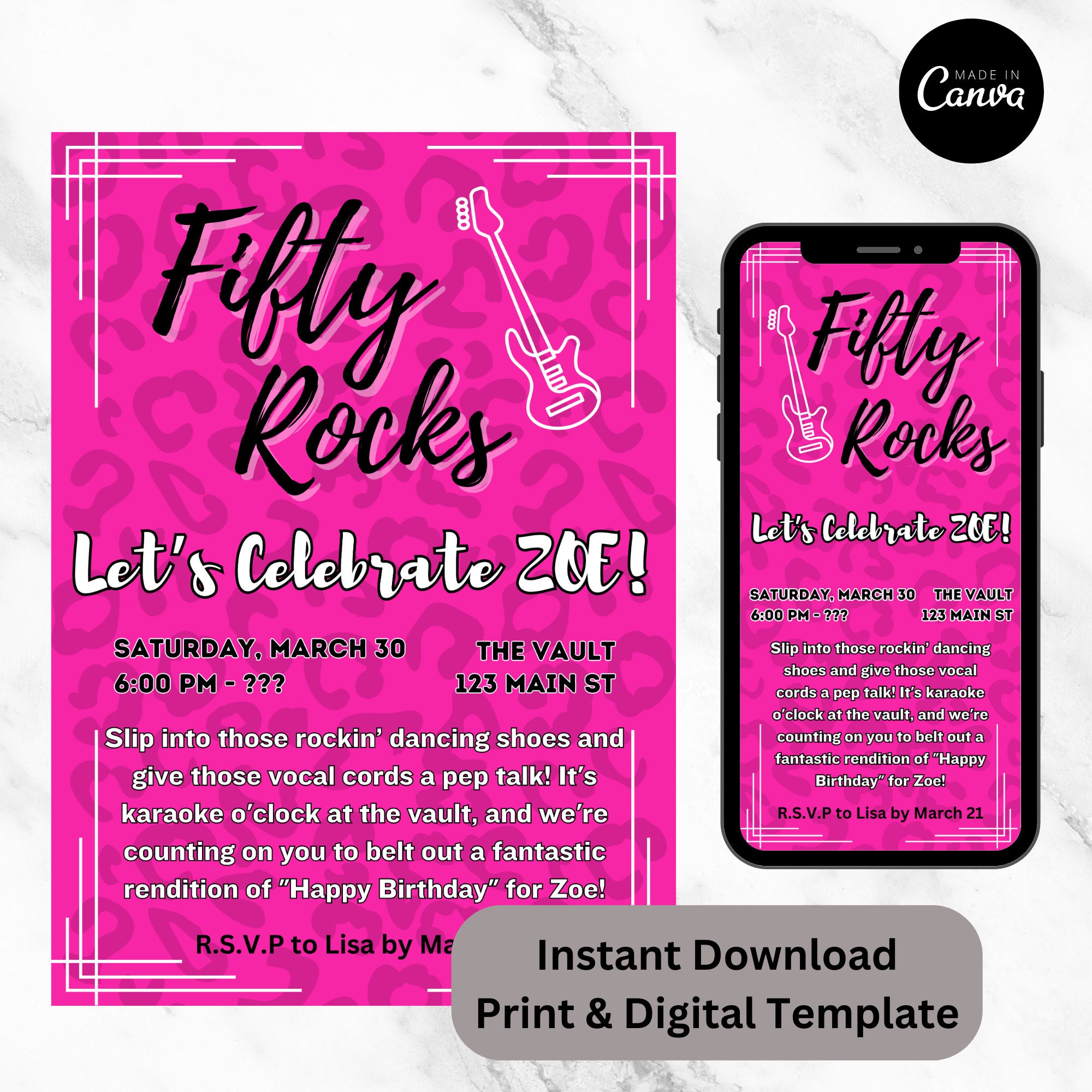 50th Birthday, Fifty Rocks, Ladies Fifty Party, Rock-n-roll, 50th Print ...