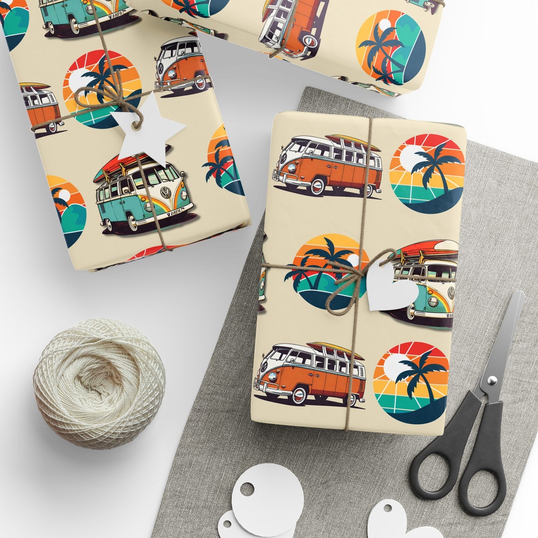 Retro Bus Surfing Wrapping Papers, Beach Gift Wrap, Groovy Surfer Bus ...