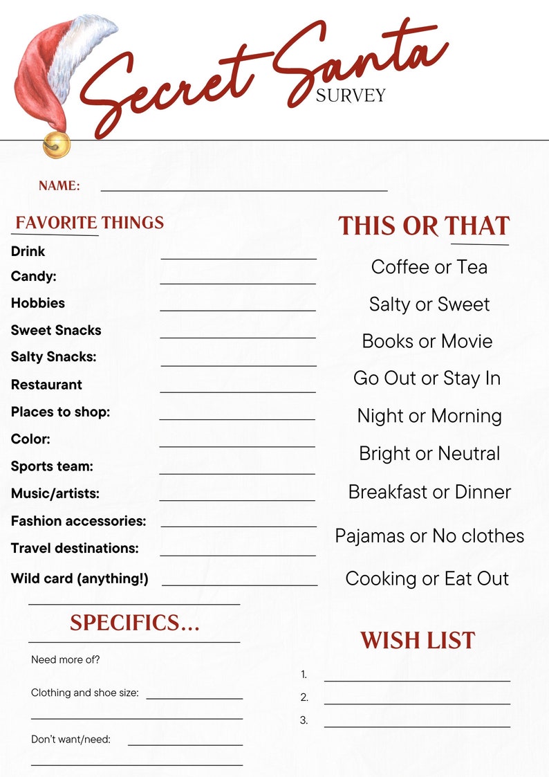NEW! Secret Santa Questionnaire | Survey Printable - Etsy