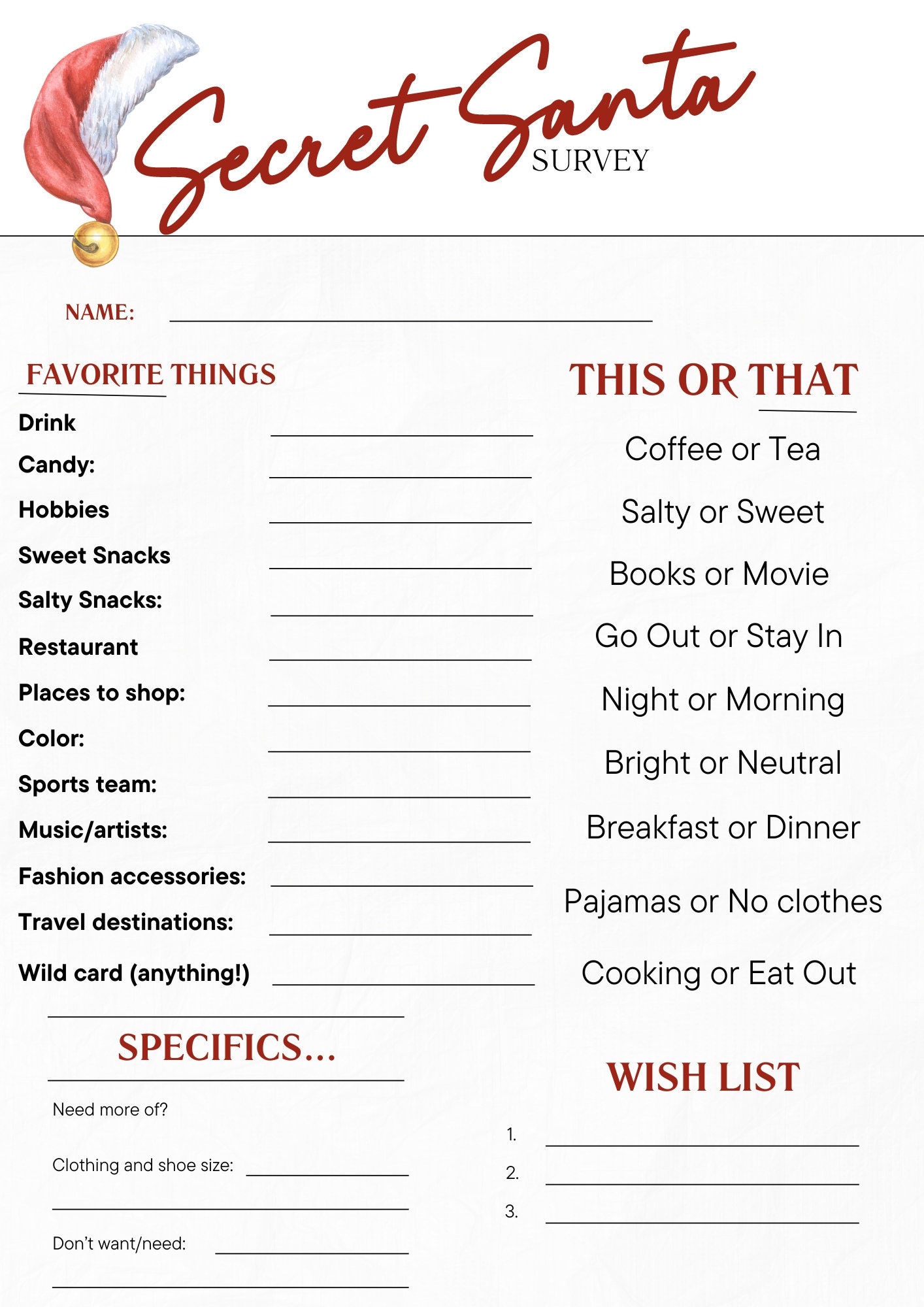 NEW! Secret Santa Questionnaire | Survey Printable - Etsy