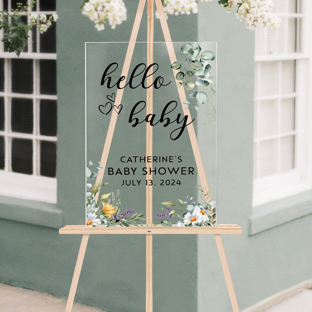 Hello Baby Shower Acrylic Sign, Personalized Greenery Baby Shower Sign ...