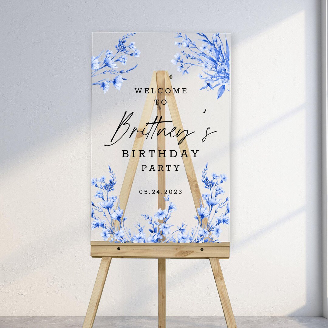 Custom Birthday Welcome Acrylic Sign, Blue Floral Birthday Sign ...