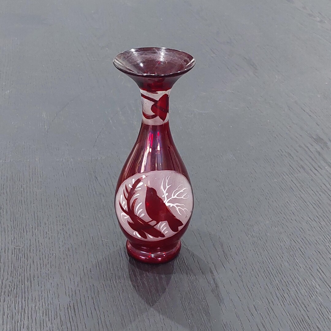 Vintage Bohemian Ruby Red Glass Cameo Bud Vase of Bird on a Branch - Etsy
