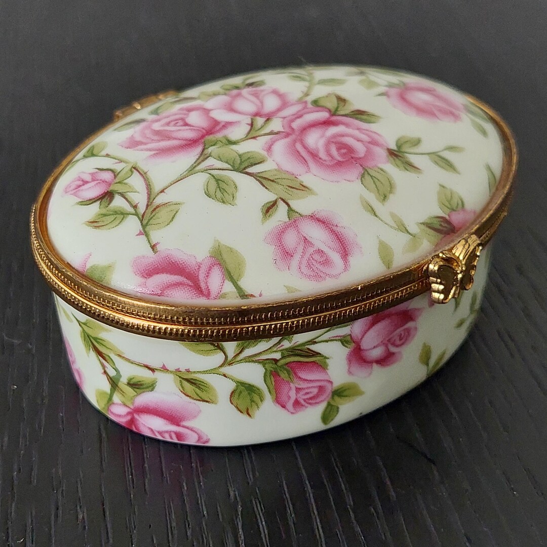 Vintage Porcelain Pink Rose Trinket Box - Etsy