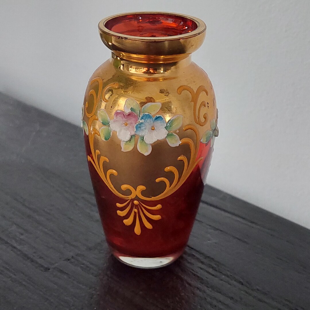 Vintage Small Ruby Red Glass Bud Vase Floral With Gold Accents - Etsy
