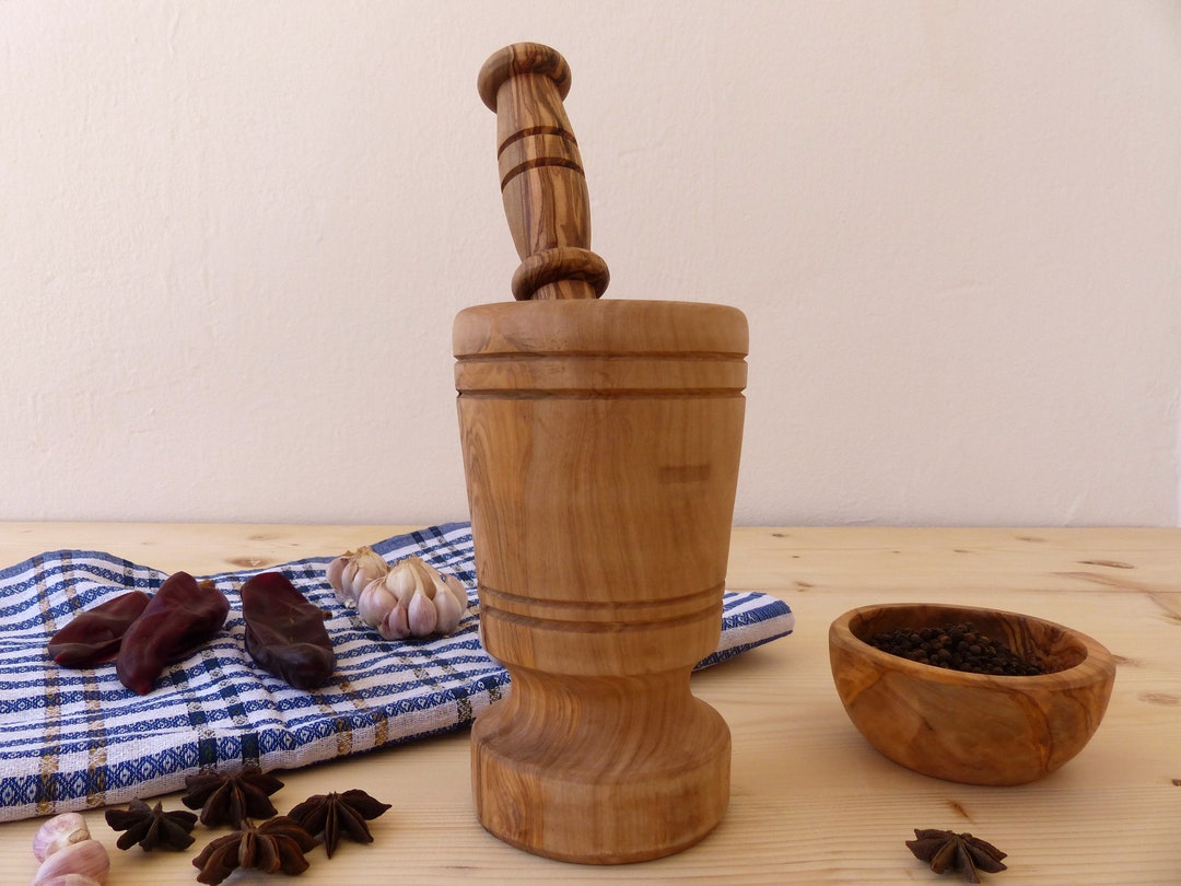 Rustic Olive Wood Mortar With Pestle, Traditional Pestle Mortar Set ...