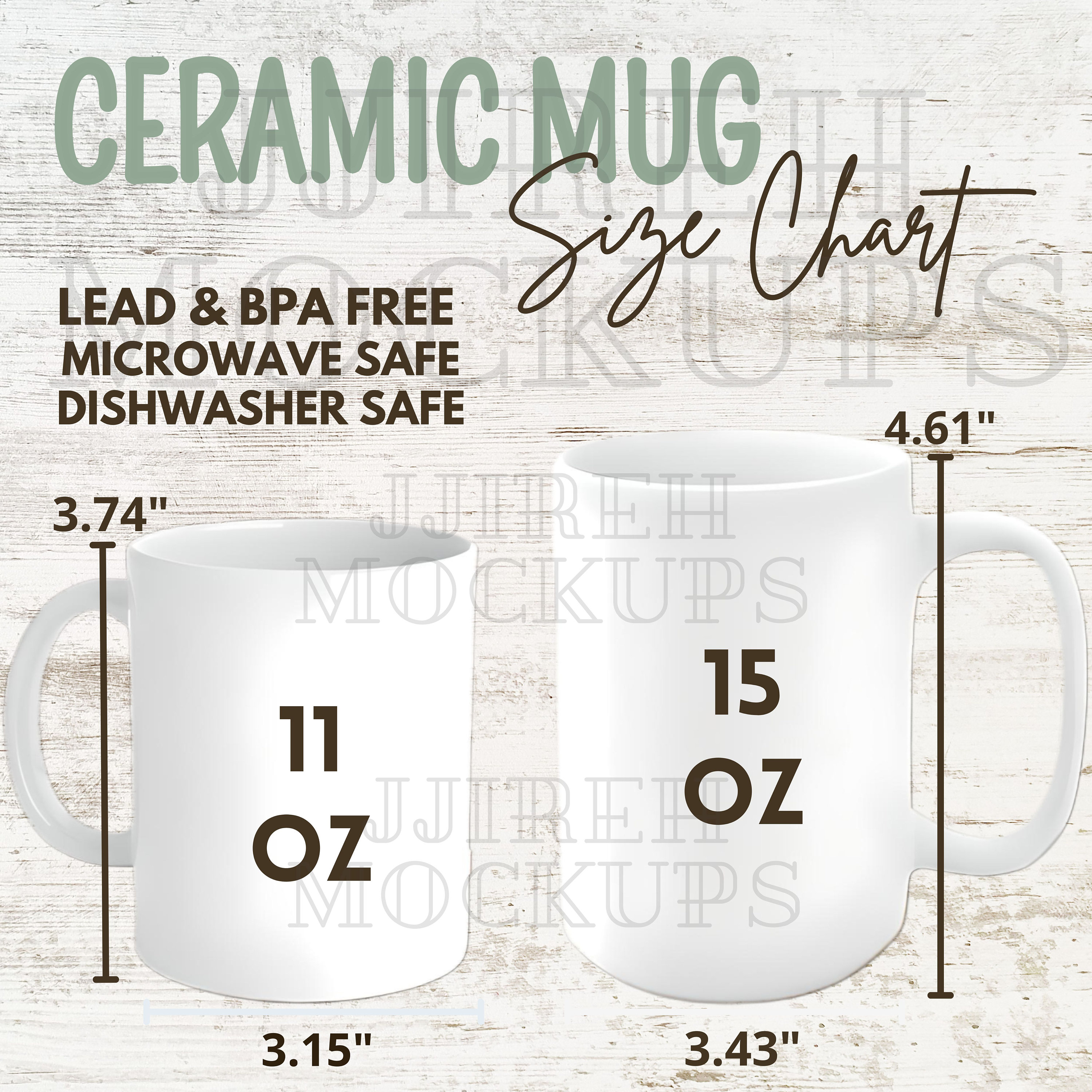 Two White Ceramic Mugs Size Chart, 11oz and 15oz Ceramic Mug Size Chart ...
