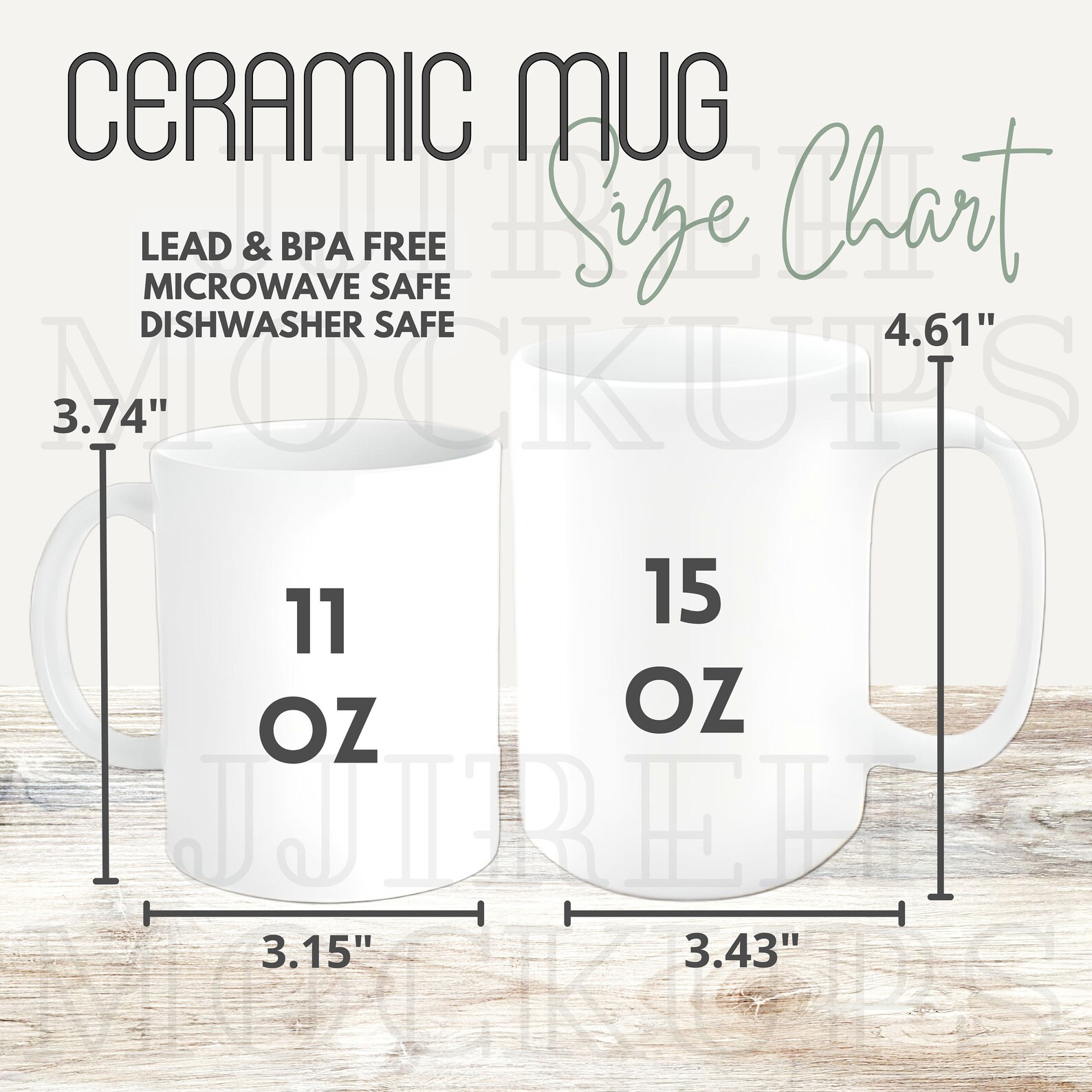 Two White Ceramic Mugs Size Chart, 11oz and 15oz Ceramic Mug Size Chart ...