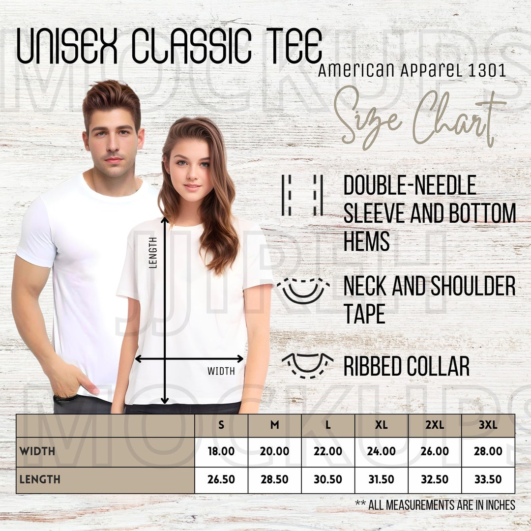 American Apparel 1301 Size Chart, Unisex American Apparel 1301 Classic ...