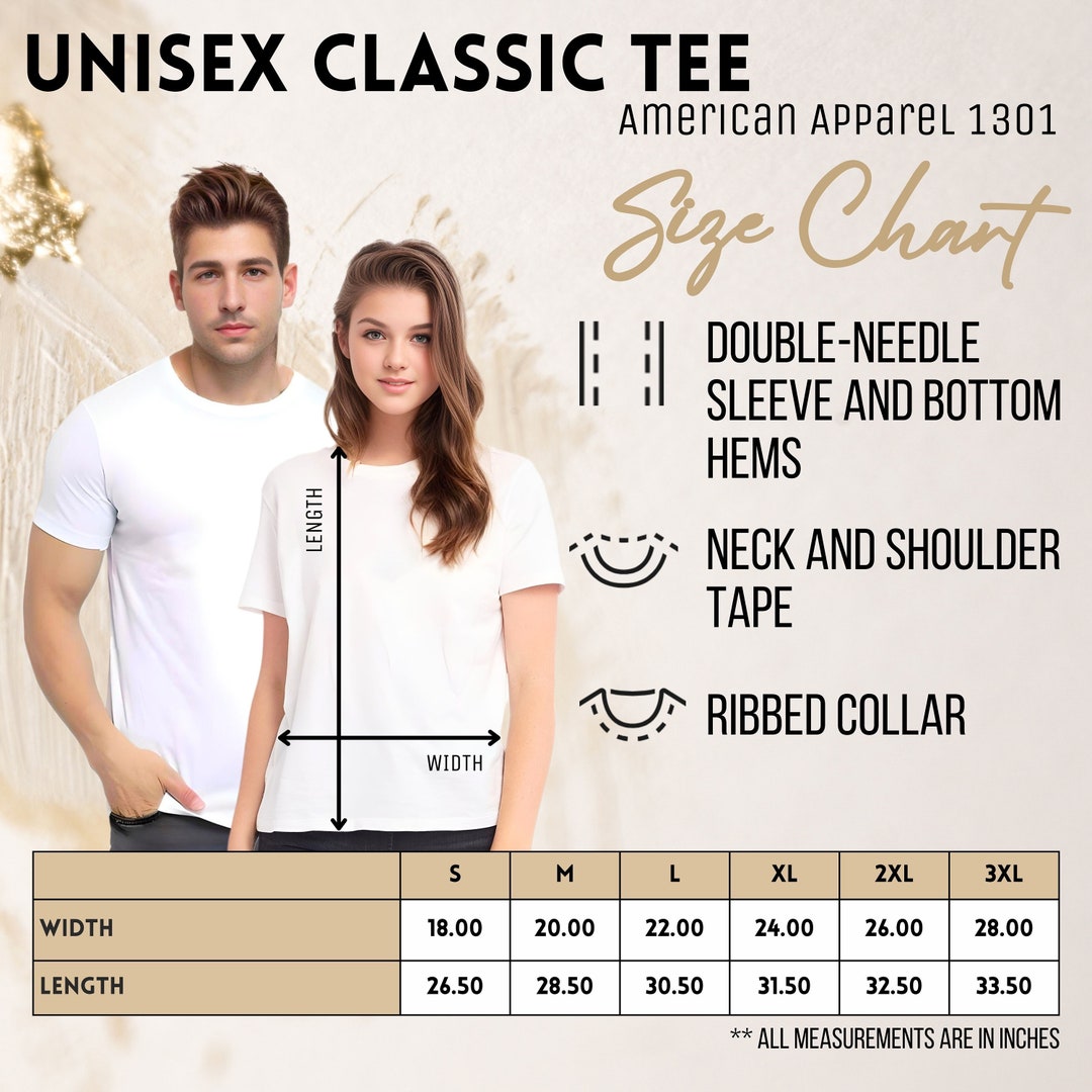 American Apparel 1301 Size Chart, Unisex American Apparel 1301 Classic T-shirt Size Guide ...
