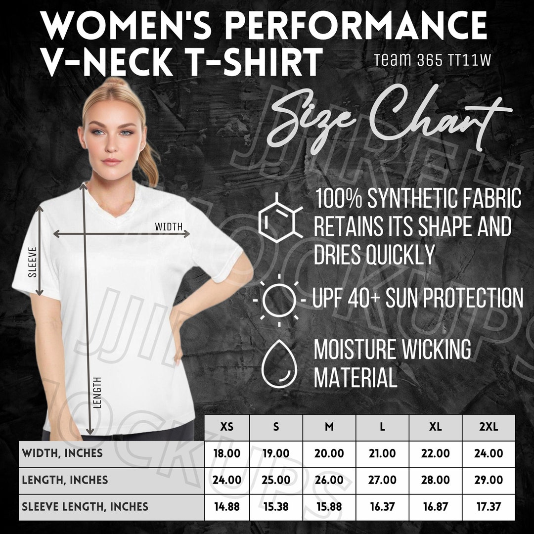 Women's Performance V-neck T-shirt Size Chart, Printify Sport T-shirt ...