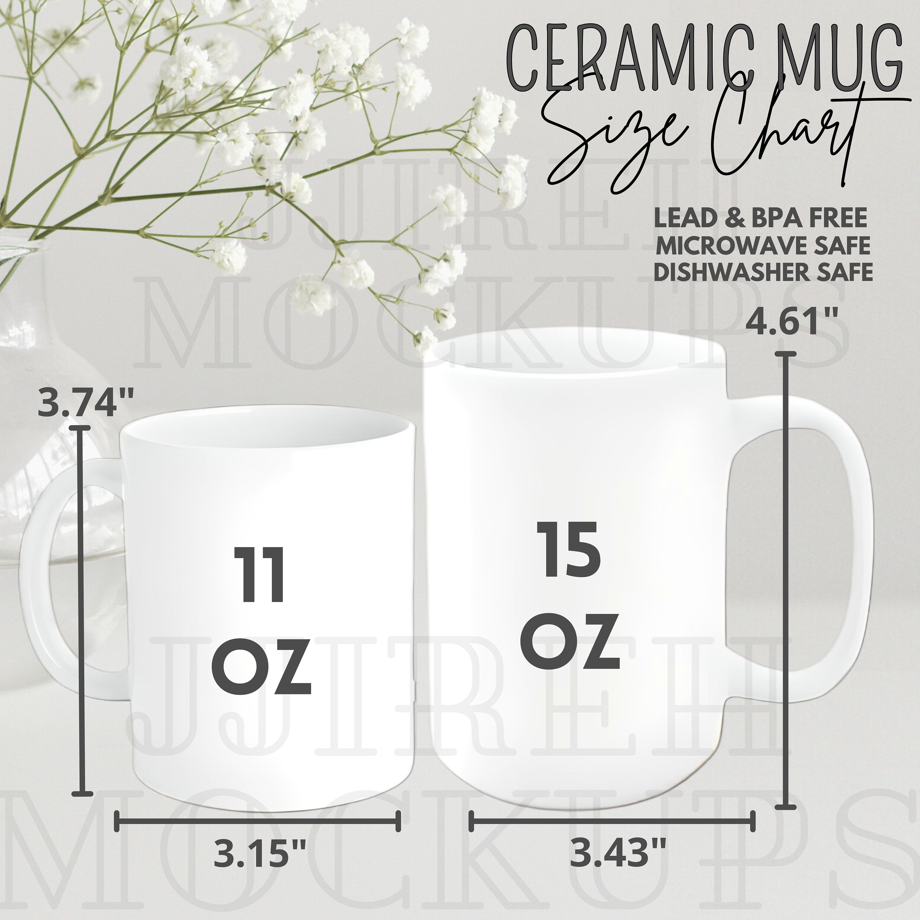 Two White Ceramic Mugs Size Chart, 11oz and 15oz Ceramic Mug Size Chart ...