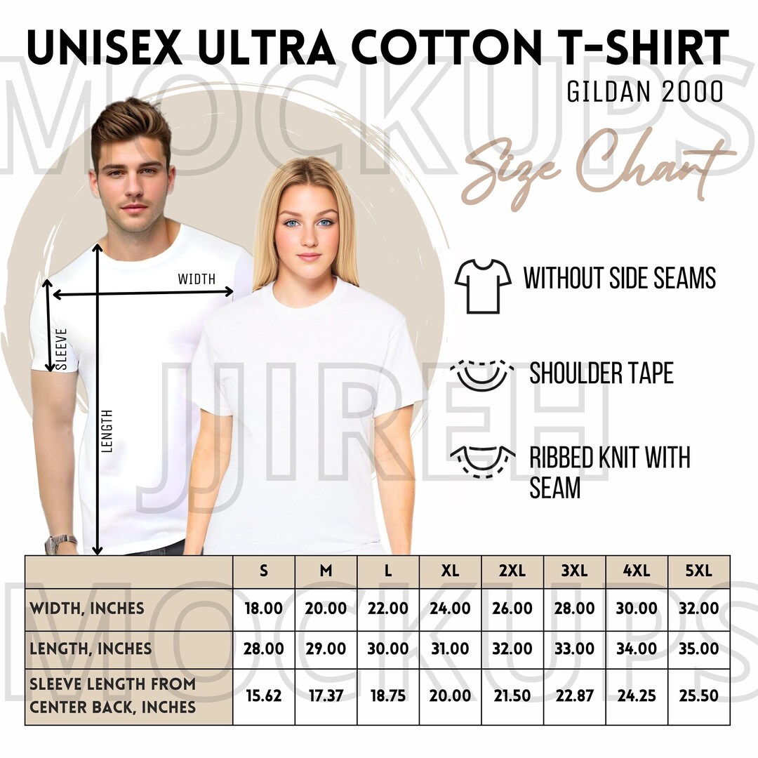 Gildan 2000 Size Chart, Gildan 2000 T-shirt Size Chart Mockup, Unisex Gildan 2000 Tee Size Chart ...