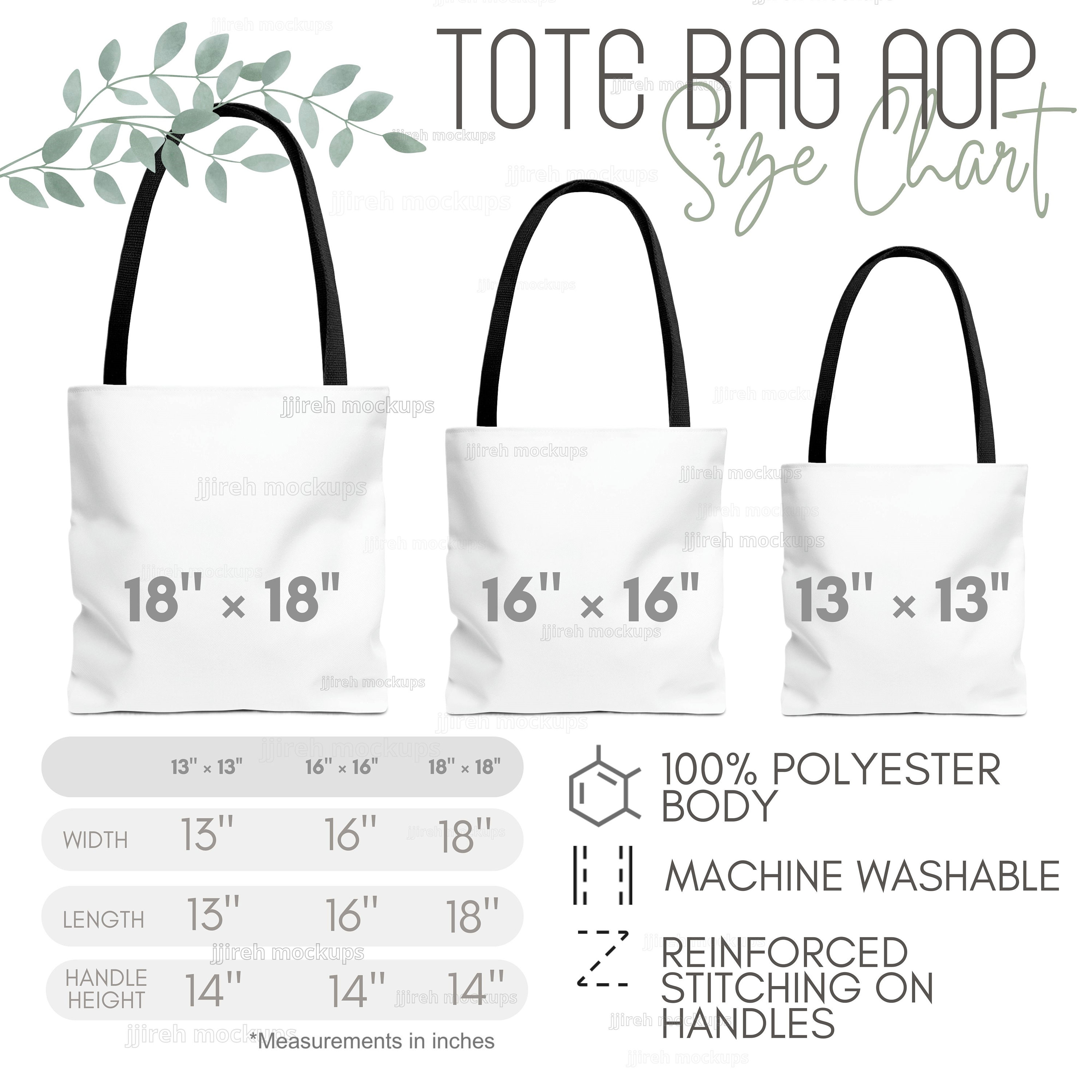 AOP Tote Bag Size Chart, Black Handle Tote Bag Sizing Chart, Tote Bag ...
