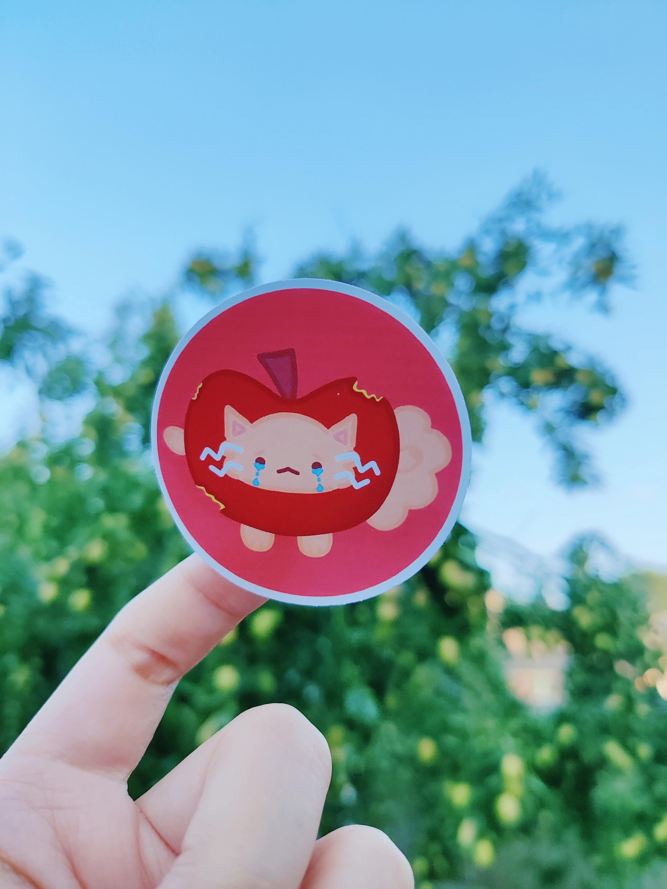 Sad and Happy Apple Cat Sticker, 2'' Creative Decal, Cartoon Drawing ...