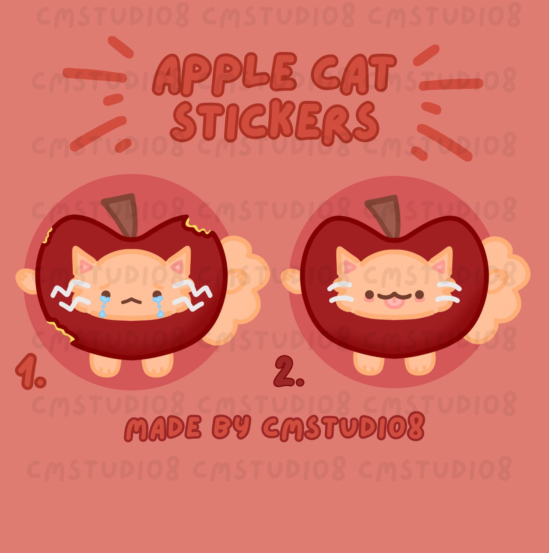 Sad and Happy Apple Cat Sticker, 2'' Creative Decal, Cartoon Drawing ...