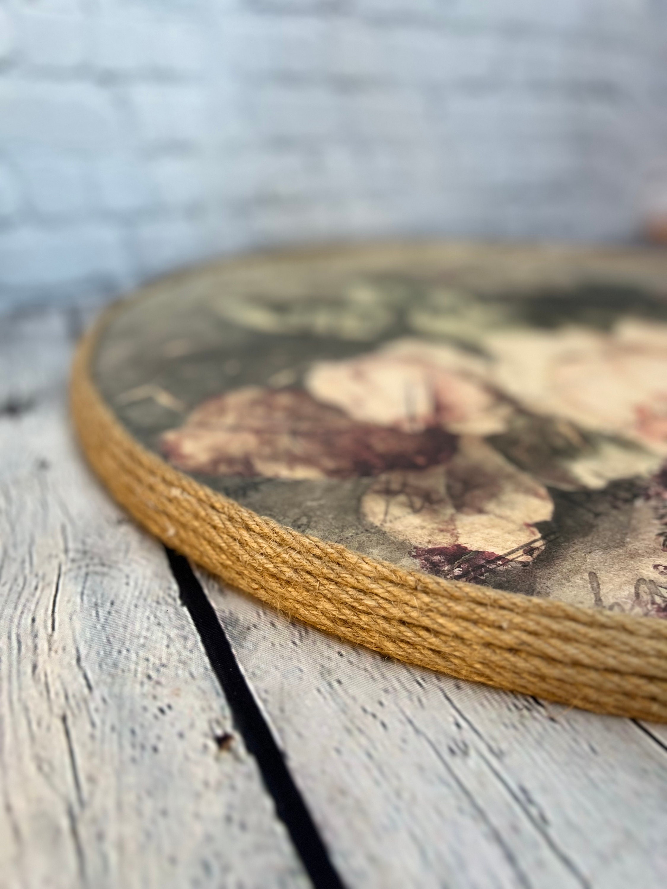 Round Wood Ottoman Serving Tray Wrapped in Jute Rope, French Country ...