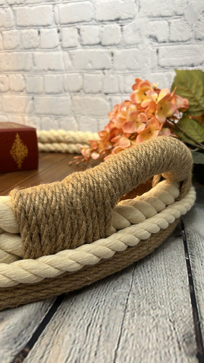 Round Wood Serving Tray, Handmade, Nautical Inspired, Wrapped With ...