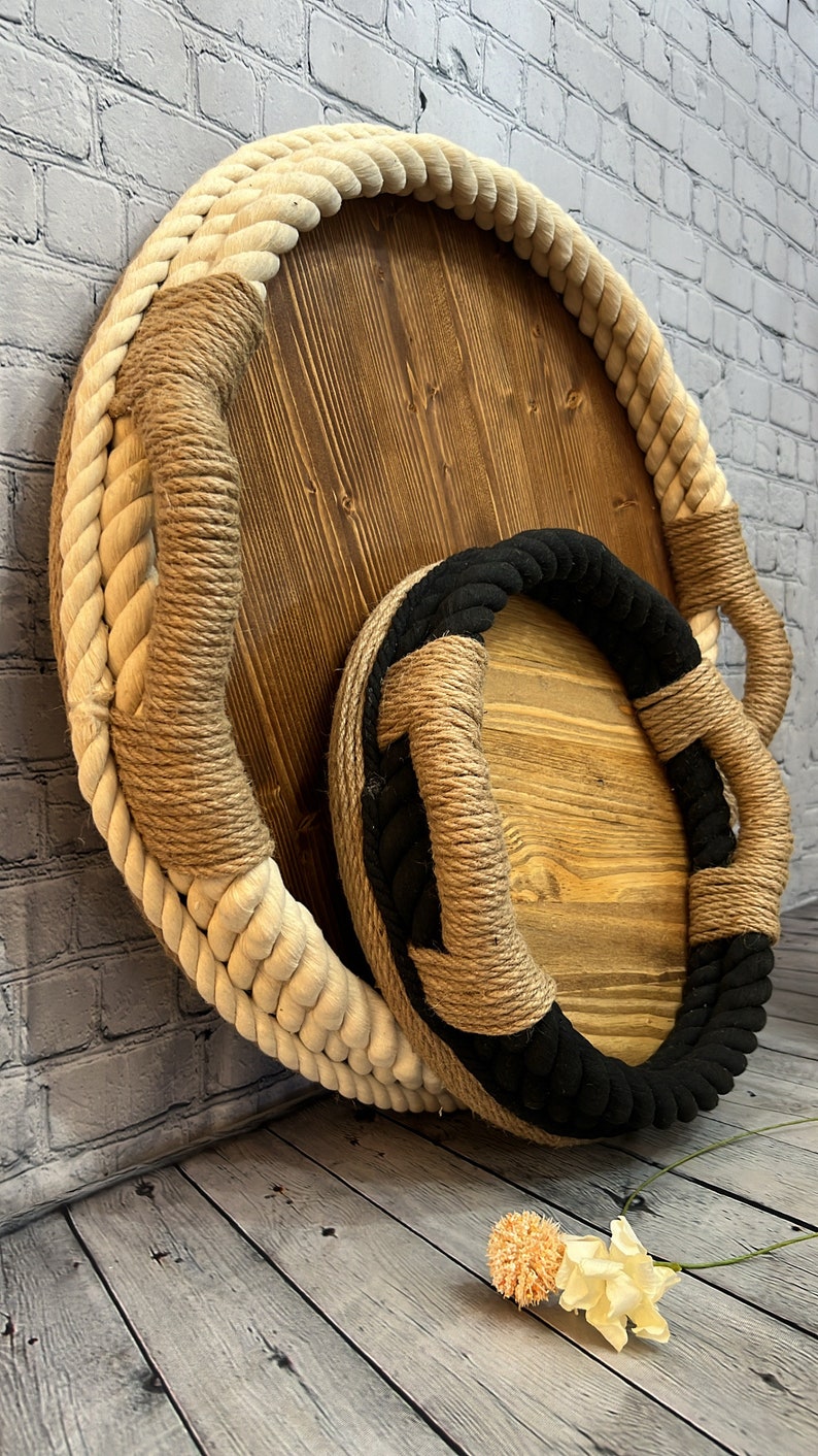 Round Wood Serving Tray, Handmade, Nautical Inspired, Wrapped With ...