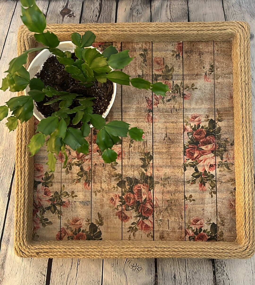Wood and Jute Rope Ottoman Tray, Serving Tray, Floral Decor, Wall Art ...