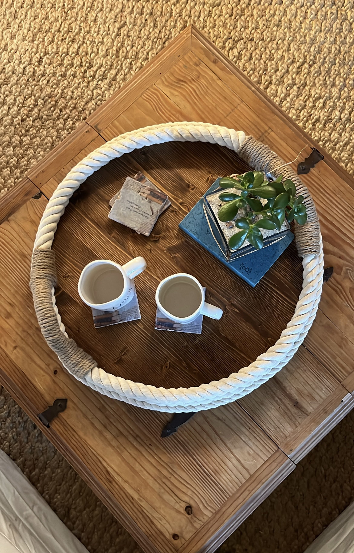 Round Wood Serving Tray, Handmade, Nautical Inspired, Wrapped With ...