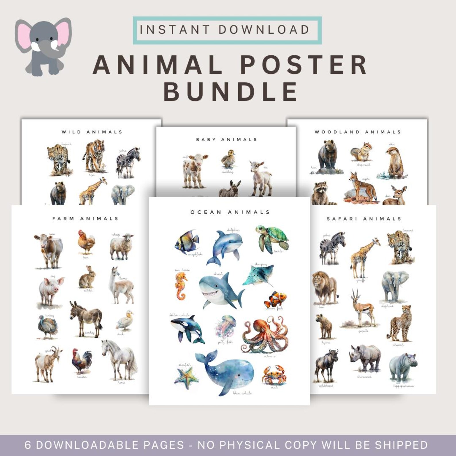 Animal Posters, Farm Animals, Wild Animals, Ocean Animals, Bundle ...