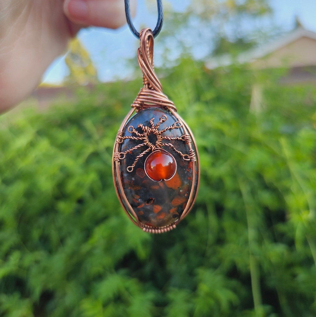 Red Poppy Jasper Spider Pendant, Copper Spider Necklace, Gemstone ...